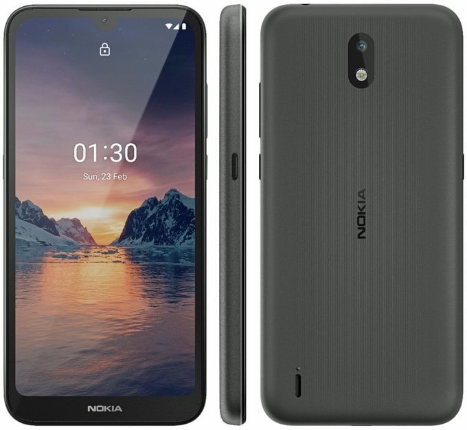 Nokia 1.3 ve filtrado su diseño en un render frontal, dorsal y lateral
