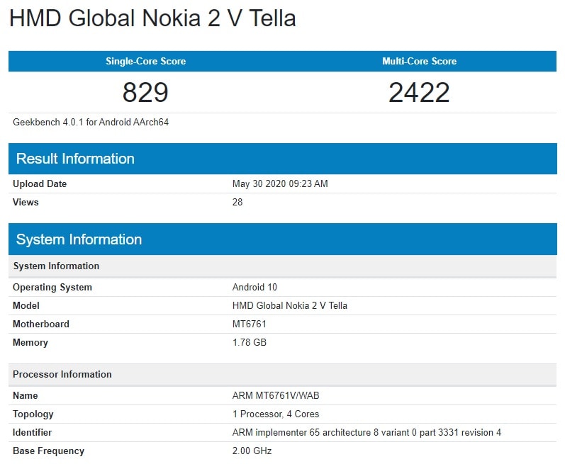 Nokia 2V Tella aparece en un benchmark revelando sus características