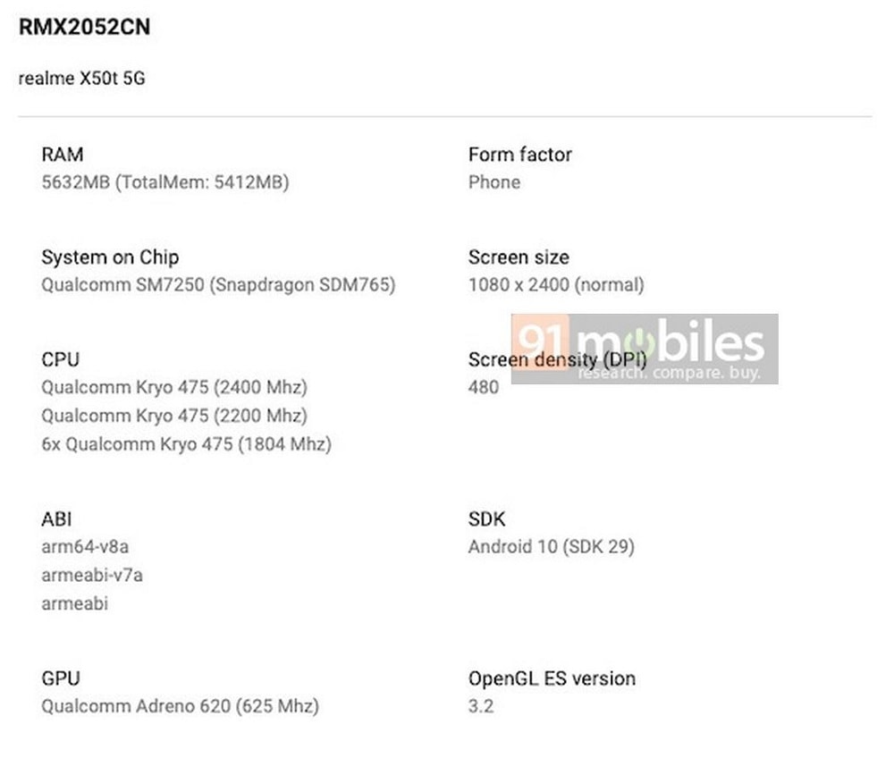 OPPO Realme X50t aparece en Google Play Console revelando sus specs